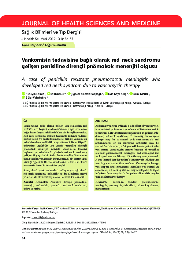 (PDF) Vankomisin tedavisine bağlı olarak red neck sendromu gelişen ...