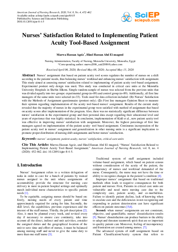 (PDF) Nurses' Satisfaction Related to Implementing Patient Acuity Tool ...