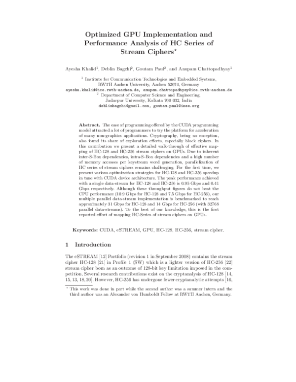 (PDF) Optimized GPU Implementation and Performance Analysis of HC Series of Stream Ciphers