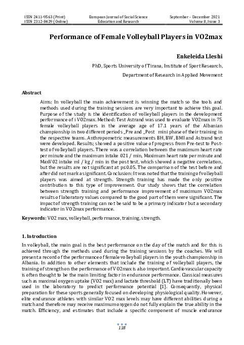 (PDF) Performance of Female Volleyball Players in VO2max