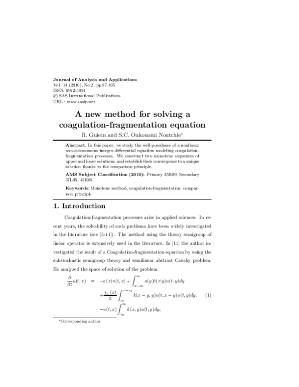 (PDF) A new method for solving a coagulation-fragmentation equation