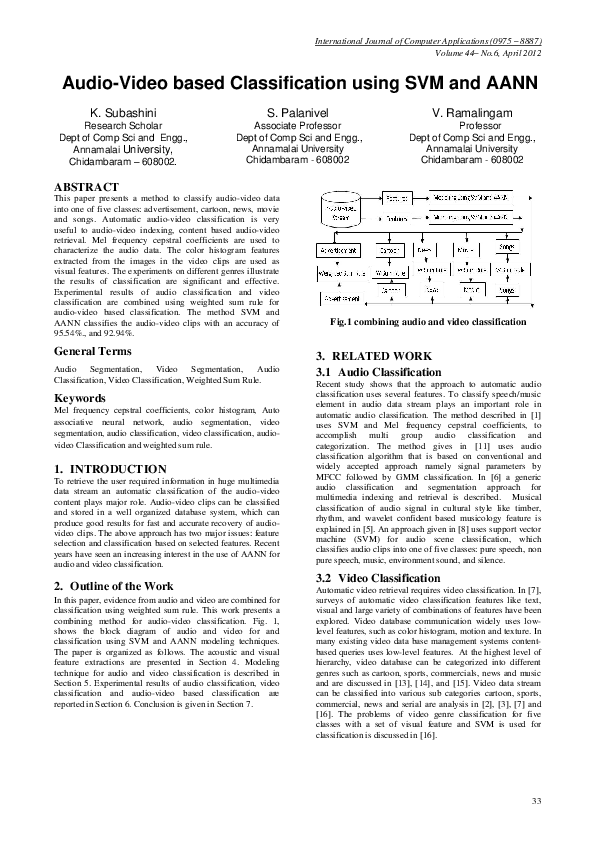 (PDF) Audio-Video based Classification using SVM and AANN