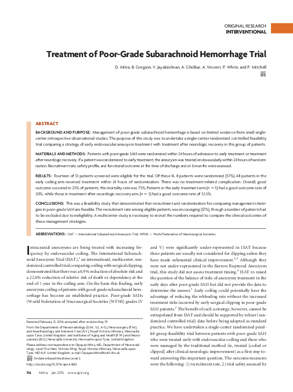 (PDF) Treatment of Poor-Grade Subarachnoid Hemorrhage Trial