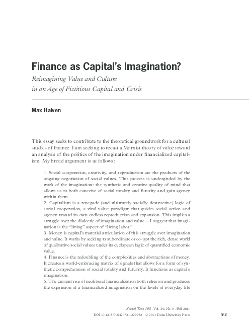 (PDF) Finance as capital’s imagination: Reimagining value in an age of ...