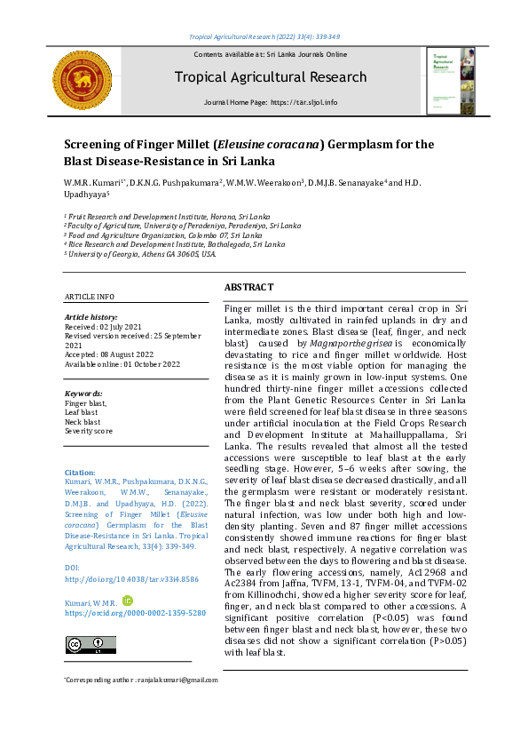 (PDF) Screening of Finger Millet (Eleusine coracana) Germplasm for the Blast Disease-Resistance ...