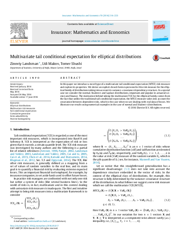 Pdf Multivariate Tail Conditional Expectation For Elliptical