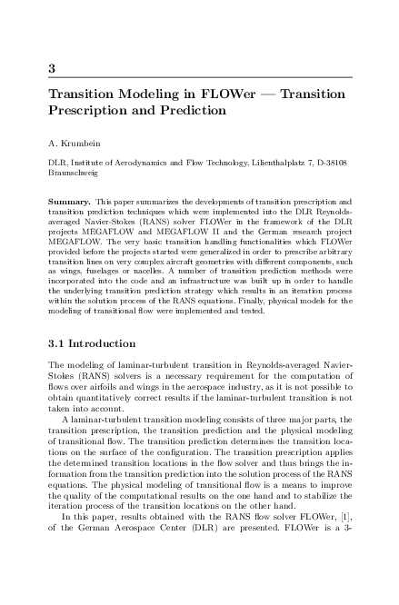 (PDF) Transition Modeling in FLOWer — Transition Prescription and Prediction