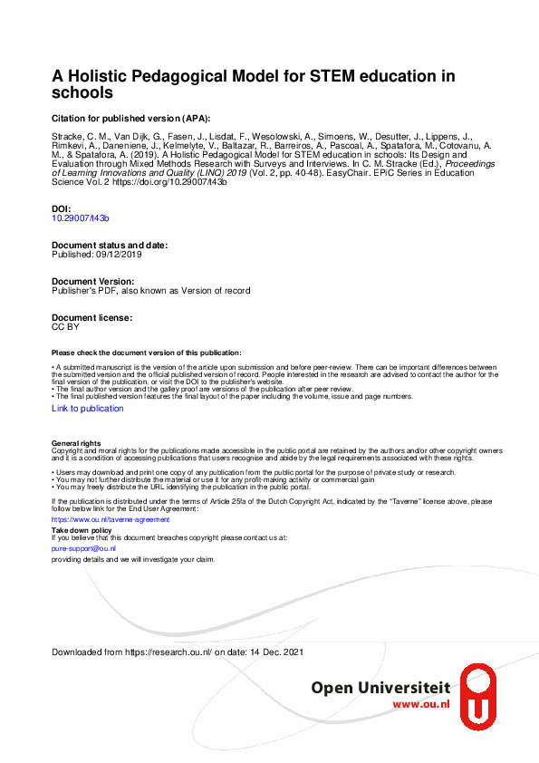 (PDF) A Holistic Pedagogical Model for STEM education in schools: Its Design and Evaluation ...