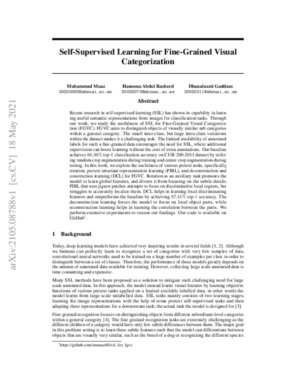 Pdf Self Supervised Learning For Fine Grained Visual Categorization Muhammad Maaz
