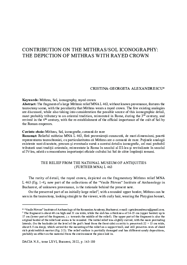 (PDF) CONTRIBUTION ON THE MITHRAS/SOL ICONOGRAPHY: THE DEPICTION OF ...