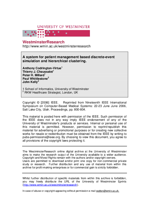Pdf A System For Patient Management Based Discrete Event Simulation And Hierarchical Clustering