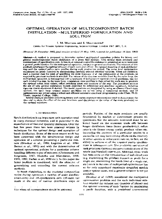 (PDF) Optimal Operation of Multicomponent Batch Distillation - a Comparative Study Using ...