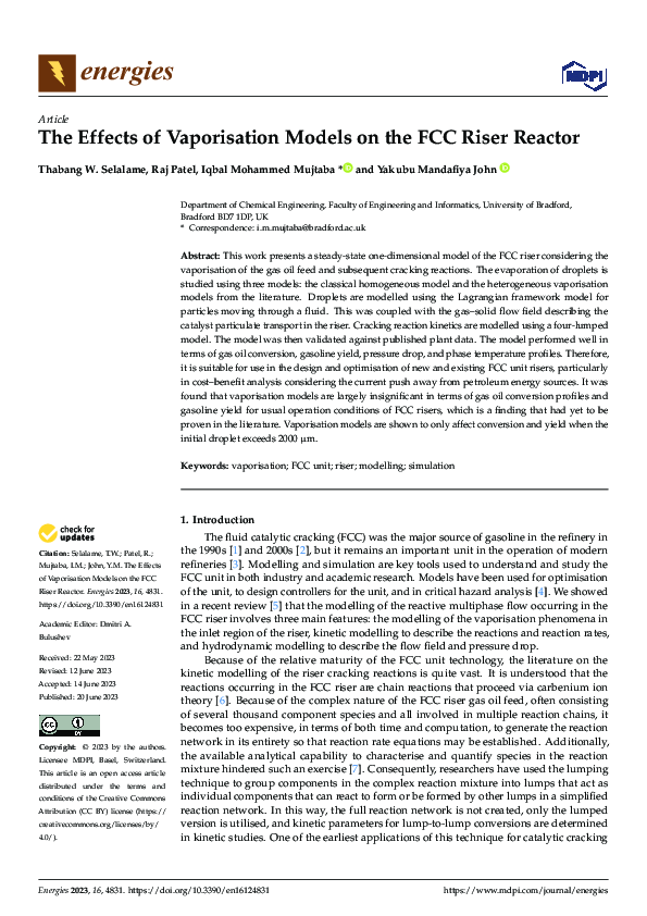 (PDF) The Effects of Vaporisation Models on the FCC Riser Reactor