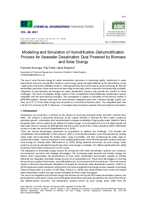 (PDF) Modelling and Simulation of Humidification-Dehumidification Process for Seawater ...