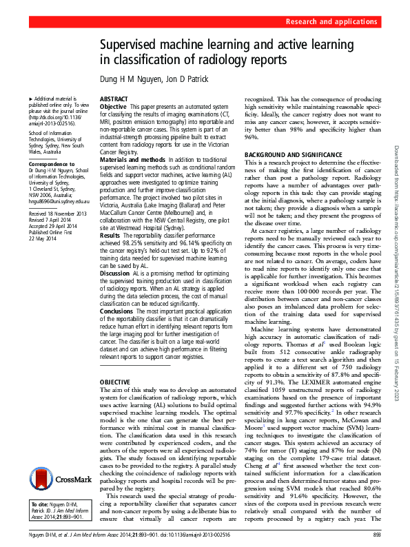 (PDF) Supervised machine learning and active learning in classification of radiology reports ...