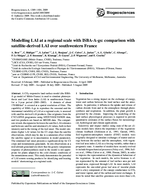 (PDF) Modelling LAI at a regional scale with ISBA-A-gs: comparison with ...