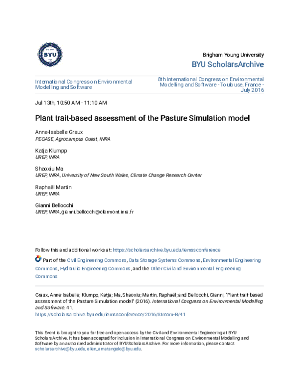 (PDF) Plant trait-based assessment of the Pasture Simulation model