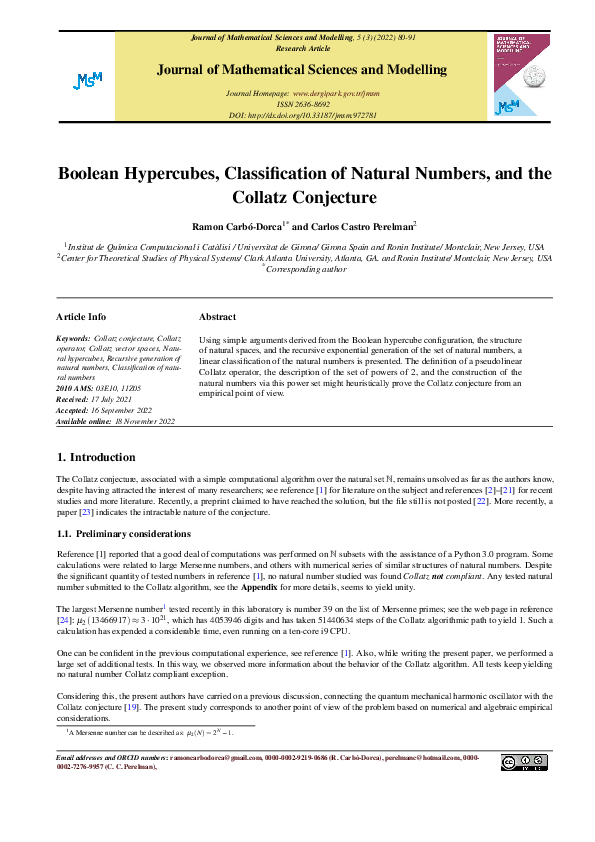 Pdf Boolean Hypercubes Classification Of Natural Numbers And The Collatz Conjecture