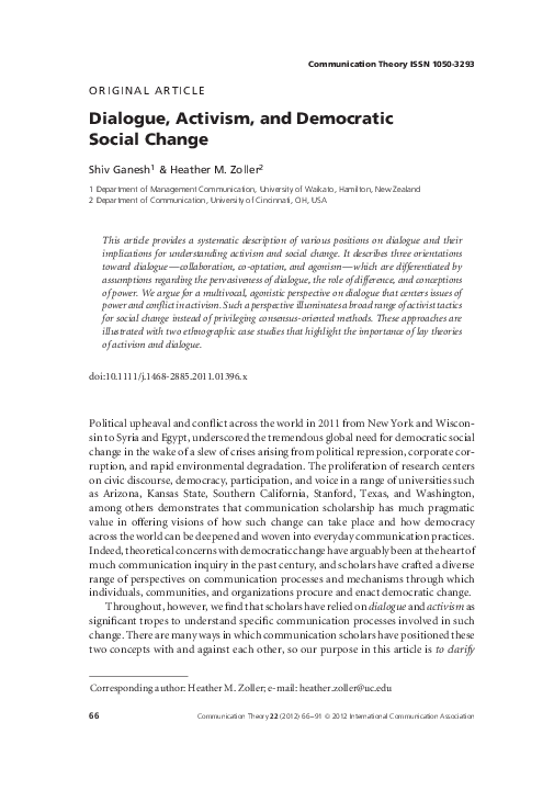(PDF) Dialogue, activism and democratic social change