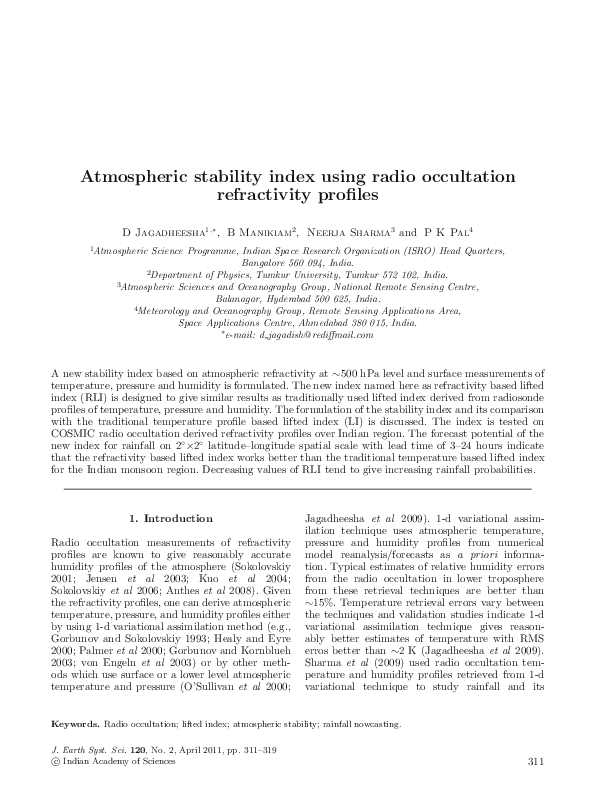 (PDF) Atmospheric stability index using radio occultation refractivity profiles