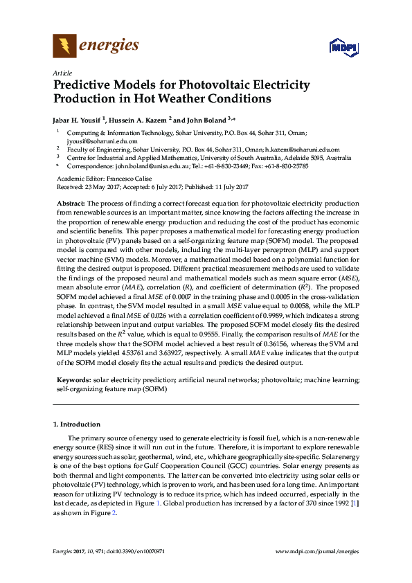 (PDF) Predictive Models for Photovoltaic Electricity Production in Hot ...