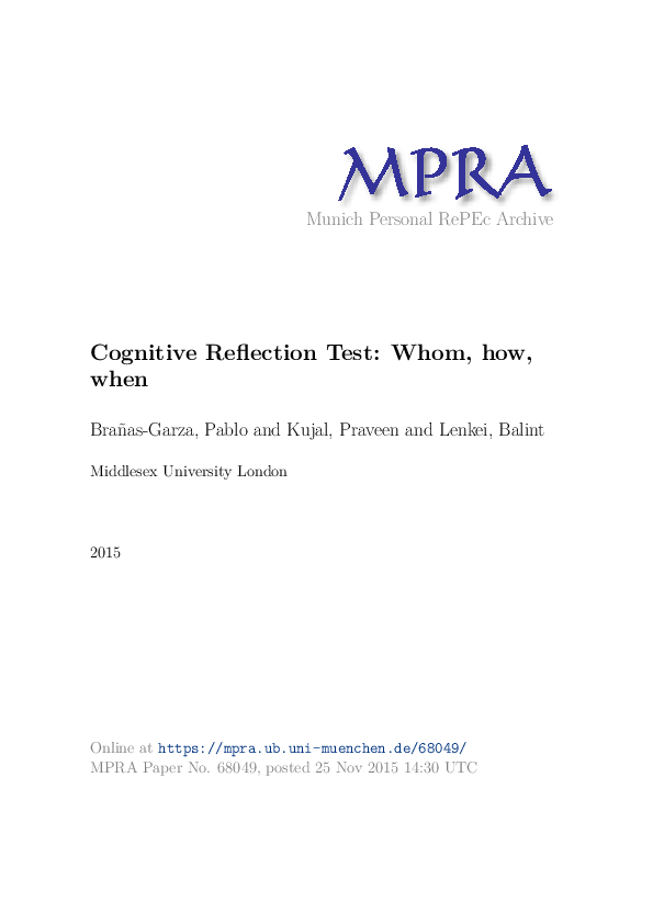 (PDF) Cognitive reflection test: Whom, how, when