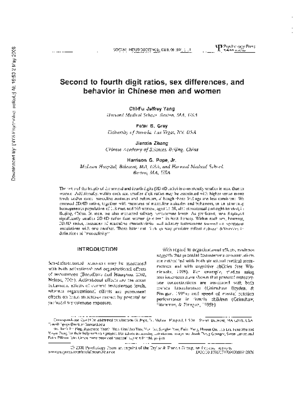 Pdf Second To Fourth Digit Ratios Sex Differences And Behavior In