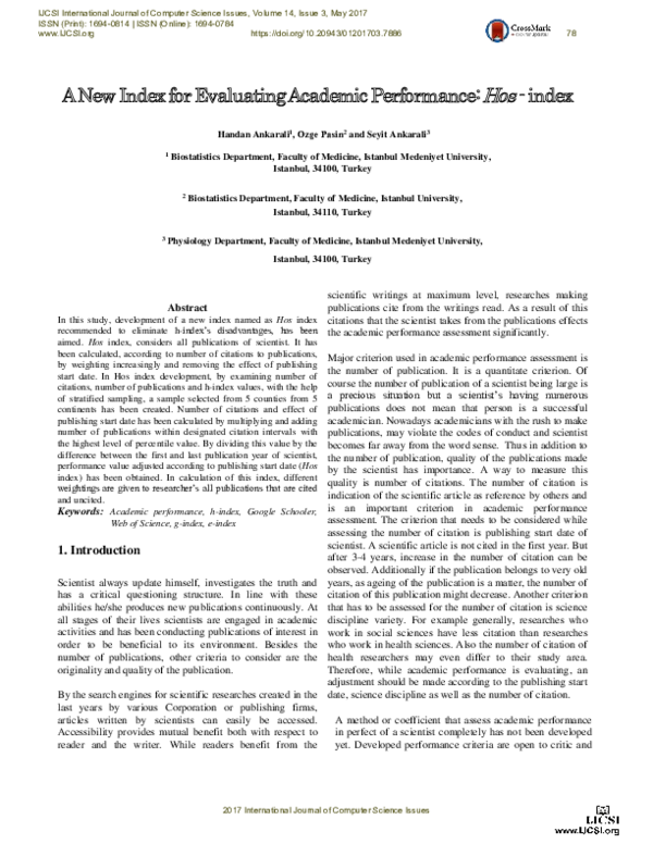 (PDF) A New Index for Evaluating Academic Performance: Hos - index