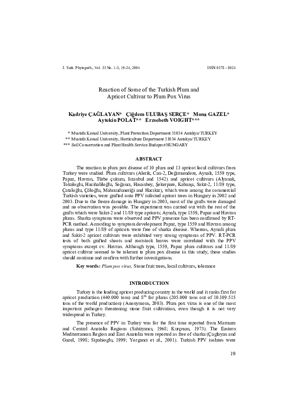 (PDF) Reaction of Some of the Turkish Plum and Apricot Cultivar to Plum ...