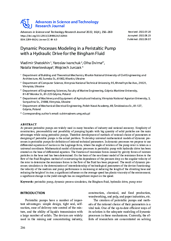 (PDF) Dynamic Processes Modeling in a Peristaltic Pump with a Hydraulic Drive for the Bingham Fluid