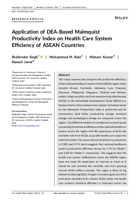 (PDF) Application of DEA‐Based Malmquist Productivity Index on Health Care System Efficiency of ...