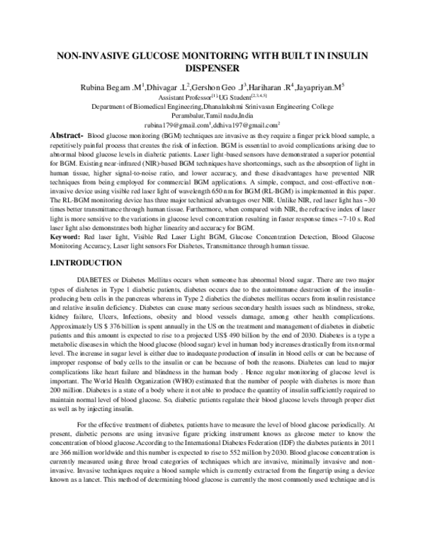 (PDF) NON-INVASIVE GLUCOSE MONITORING WITH BUILT IN INSULIN DISPENSER