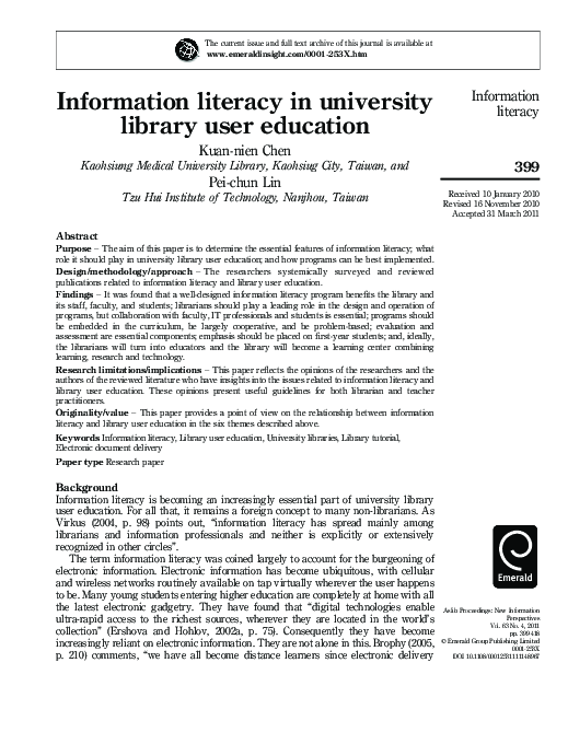 (PDF) Information literacy in university library user education
