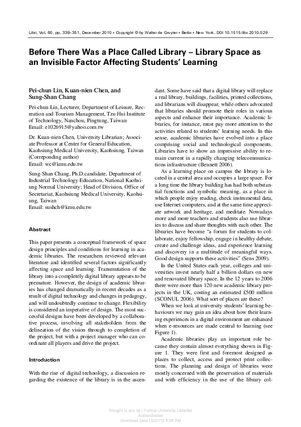 (PDF) Before There Was a Place Called Library – Library Space as an Invisible Factor Affecting ...