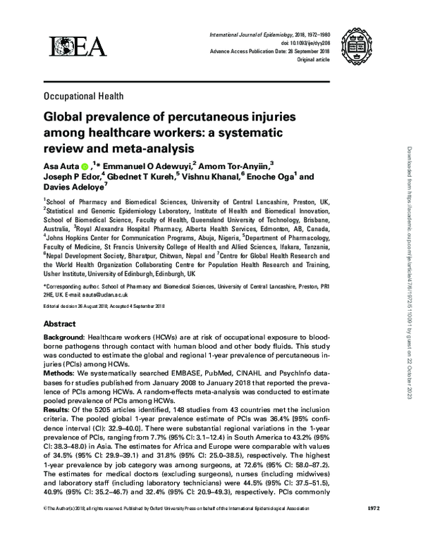 (PDF) Global prevalence of percutaneous injuries among healthcare ...