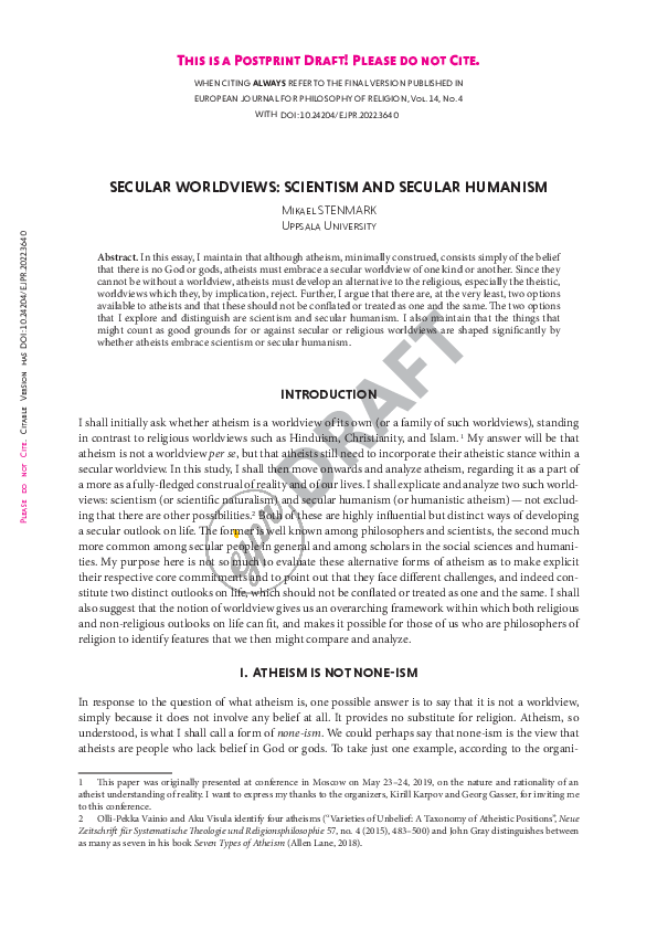 (PDF) Secular Worldviews: Scientific Naturalism and Secular Humanism