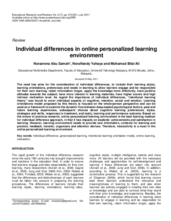 (PDF) Individual differences in online personalized learning environment