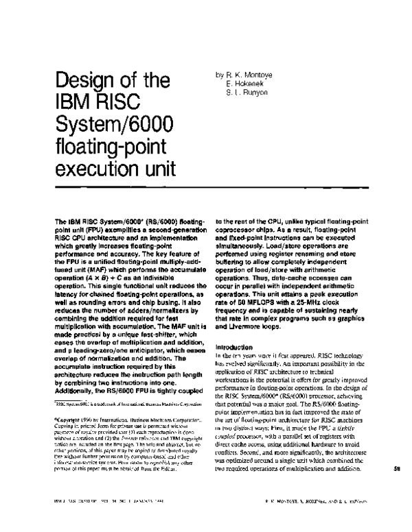 Pdf Design Of The Ibm Risc System 6000 Floating Point Execution Unit