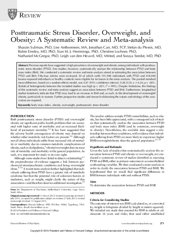 (PDF) Posttraumatic Stress Disorder, Overweight, and Obesity: A Systematic Review and Meta-analysis
