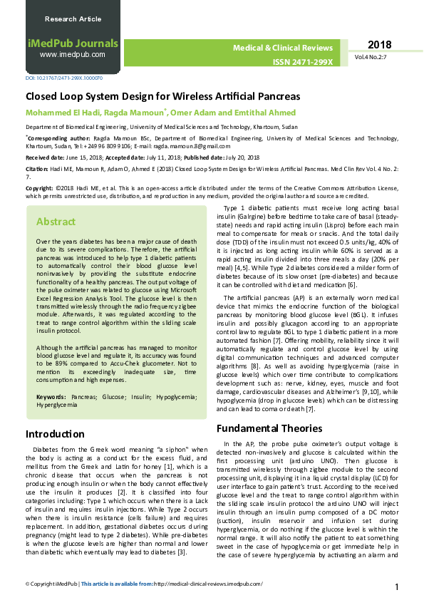 (PDF) Closed Loop System Design for Wireless Artificial Pancreas