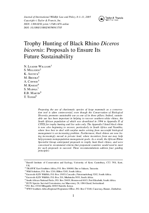 (PDF) Trophy Hunting of Black RhinoDiceros bicornis: Proposals to ...