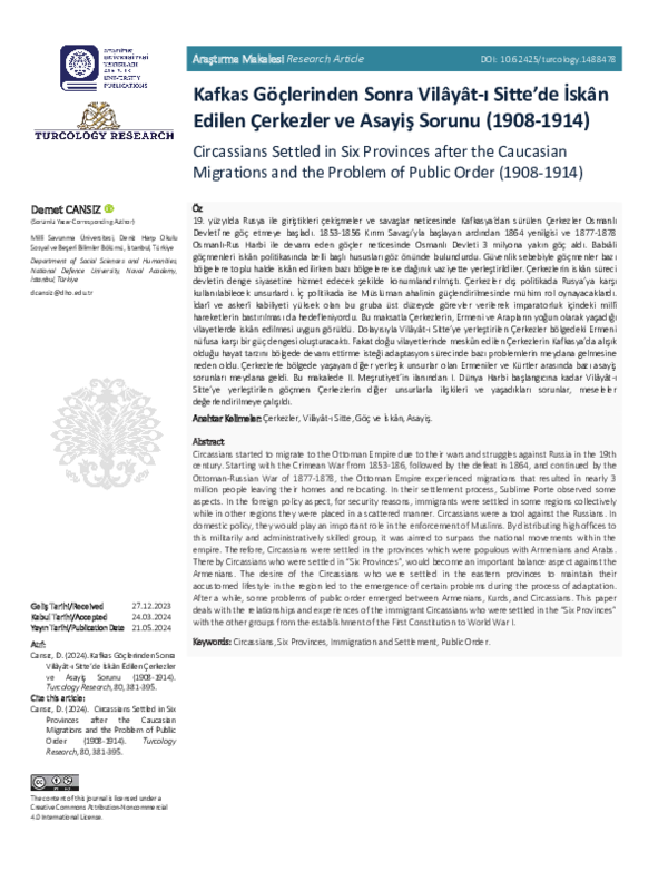 (PDF) Kafkas Göçlerinden Sonra Vilâyât-ı Sitte'de İskân Edilen ...
