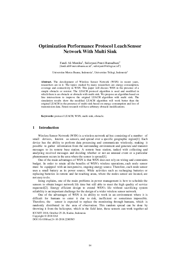 (PDF) Optimization Performance Protocol Leach Sensor Network With Multi Sink