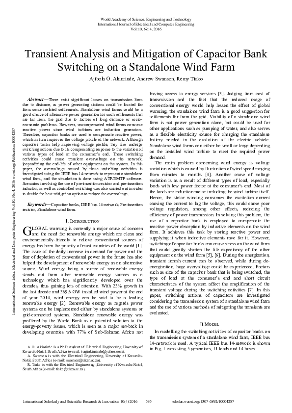 (PDF) Transient Analysis And Mitigation Of Capacitor Bank Switching On A Standalone Wind Farm