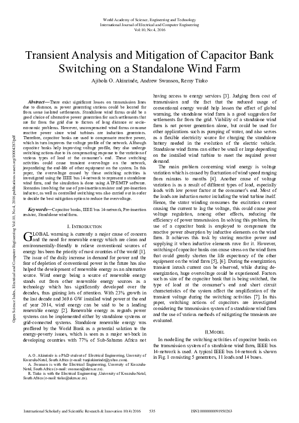 (PDF) Transient Analysis and Mitigation of Capacitor Bank Switching on a Standalone Wind Farm