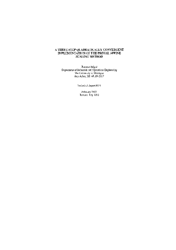 Pdf A Three Step Quadratically Convergent Implementation Of The Primal Affine Scaling Method