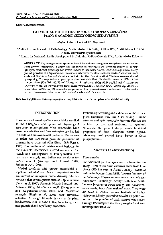 (PDF) Larvicidal properties of four Ethiopian medicinal plants against ...