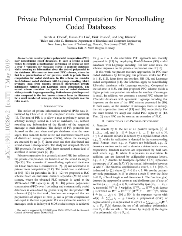 Pdf Private Polynomial Computation For Noncolluding Coded Databases Sarah Obead