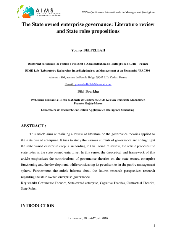(PDF) The State owned enterprise governance : Literature review and Sate roles propositions
