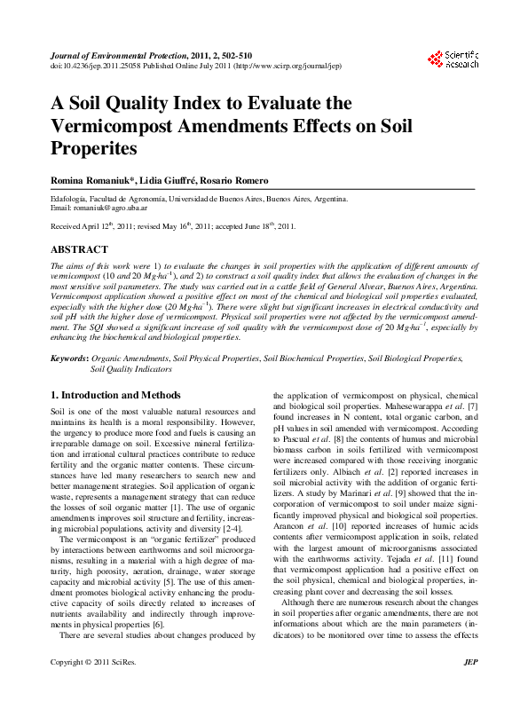 (PDF) A Soil Quality Index to Evaluate the Vermicompost Amendments ...